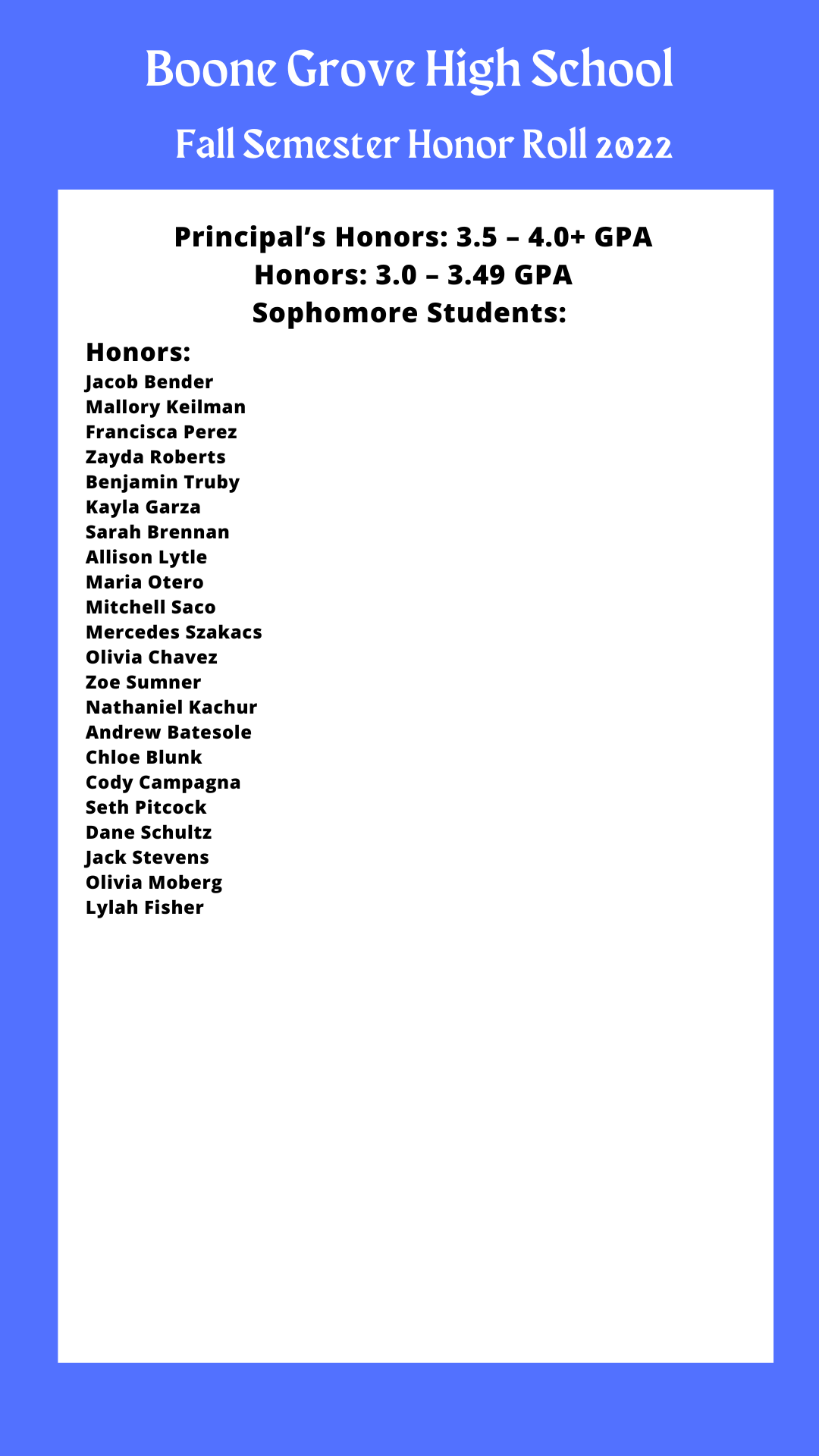 Boone Grove High School – Fall Semester Honor Roll 2022 – Boone Grove ...