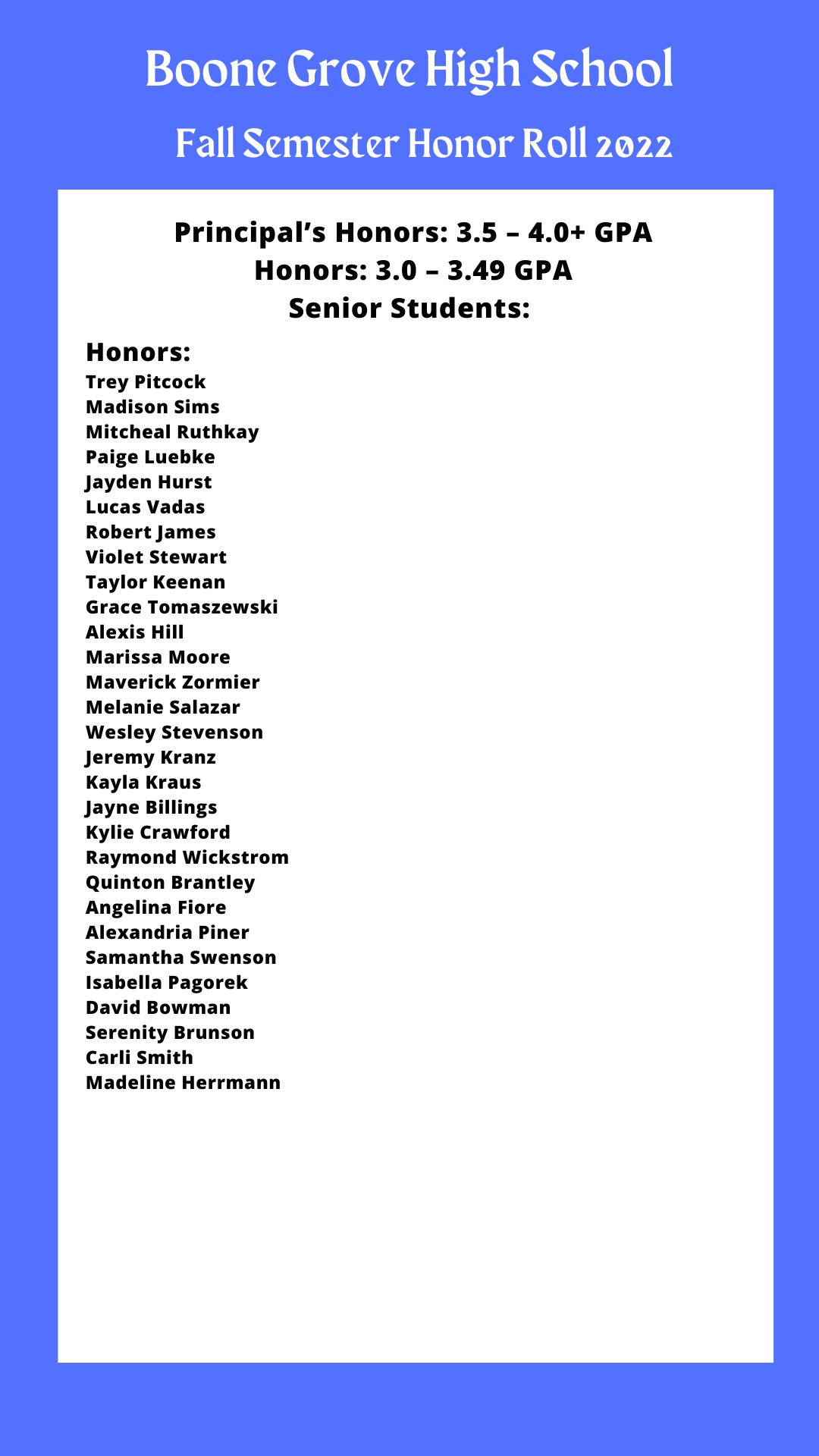 Boone Grove High School – Fall Semester Honor Roll 2022 – Boone Grove ...