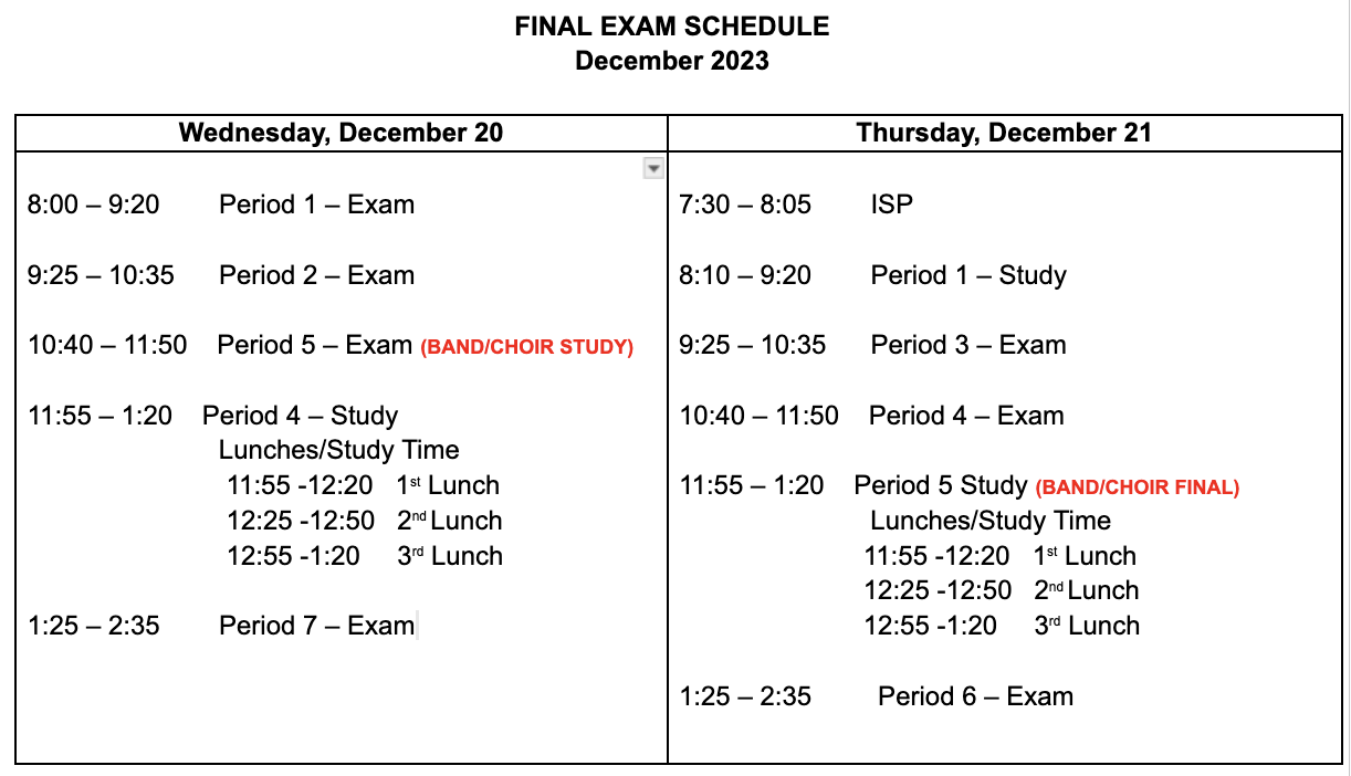 Final Exam Info & Schedule – Boone Grove High School